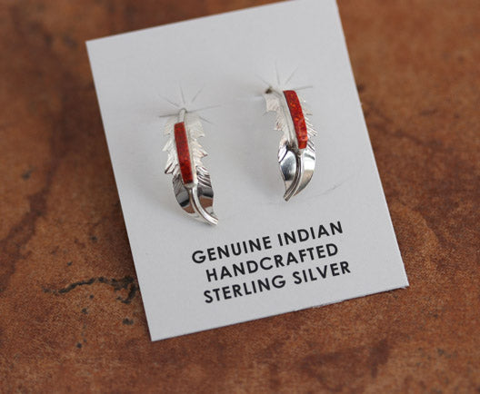 Navajo Silver Feather Created Fire Opal Earrings – Jewelry Native American
