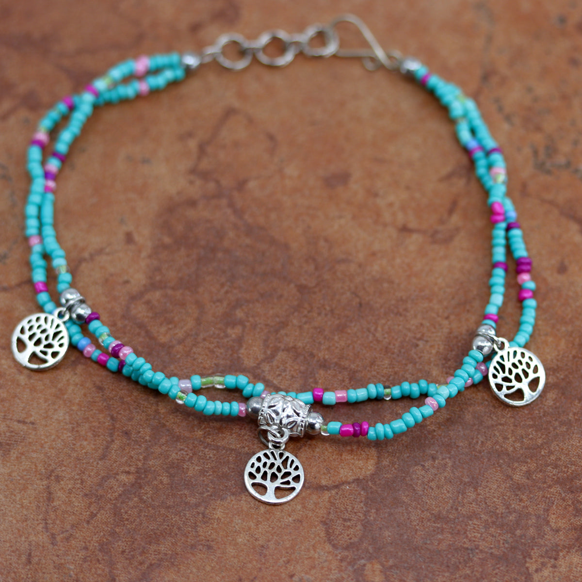 Blue Beaded Feather Tree of Life Anklet – Jewelry Native American