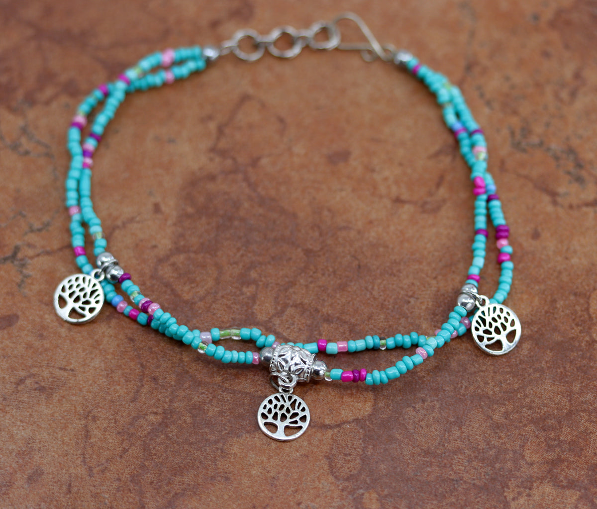 Blue Beaded Feather Tree of Life Anklet – Jewelry Native American