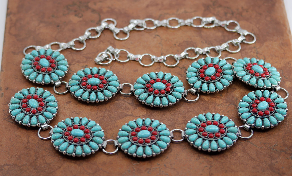 Southwest Cluster Turquoise Coral Link Belt – Jewelry Native American