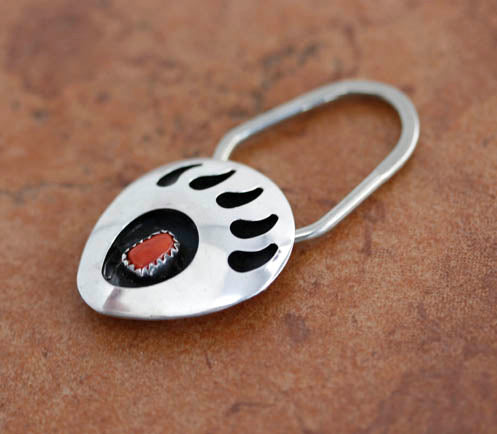 Navajo Silver Bear Paw Coral Key Chain – Jewelry Native American